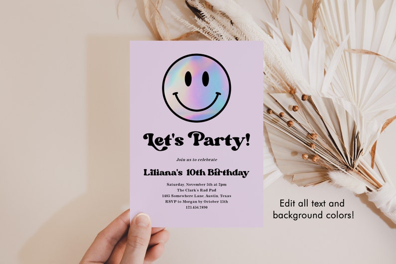 Iridescent Smiley Face Birthday Invitation: Retro Party Template ...