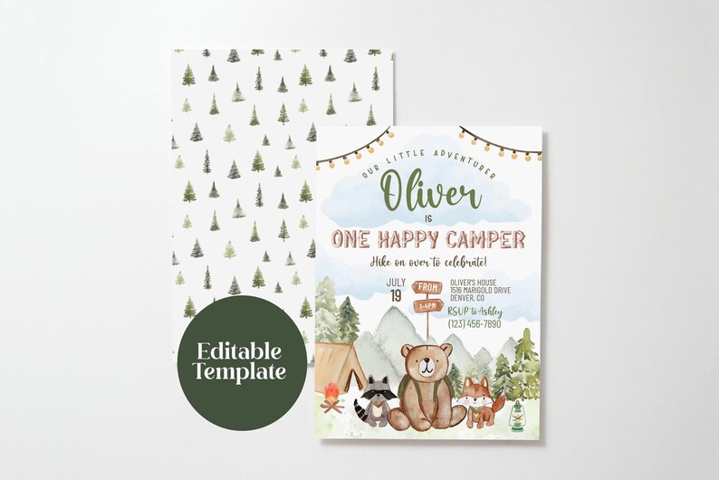 One Happy Camper Birthday Invitation Template Camping 1st - Etsy