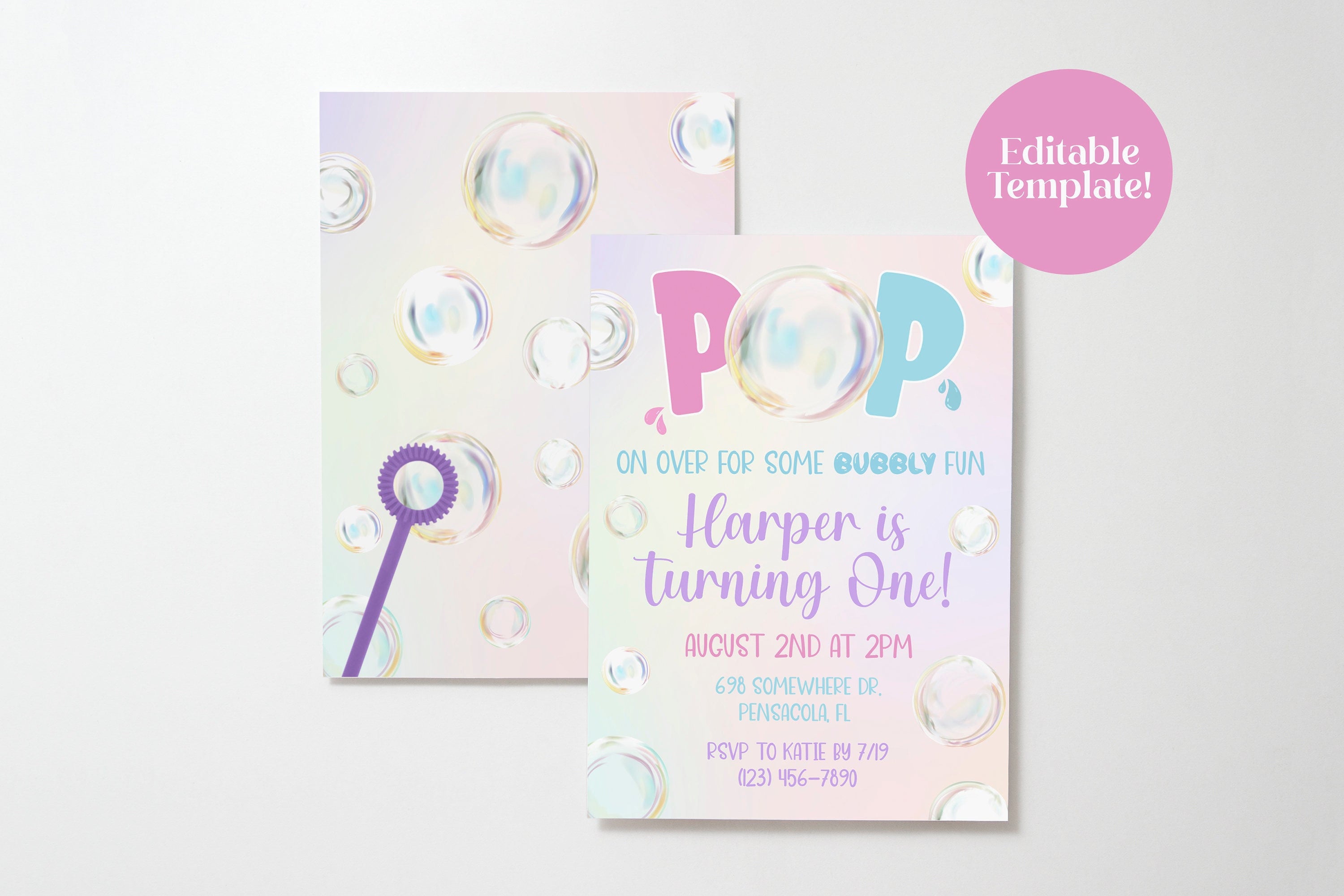 Bubble Birthday Invitation Template, Pop on Over, First Birthday Party ...