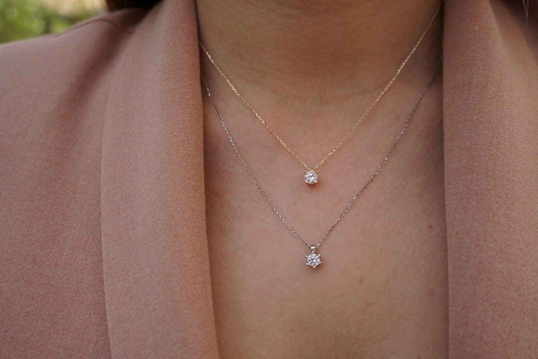 14k Solid White Gold Necklace, One Stone Necklace, Solitaire Necklace ...