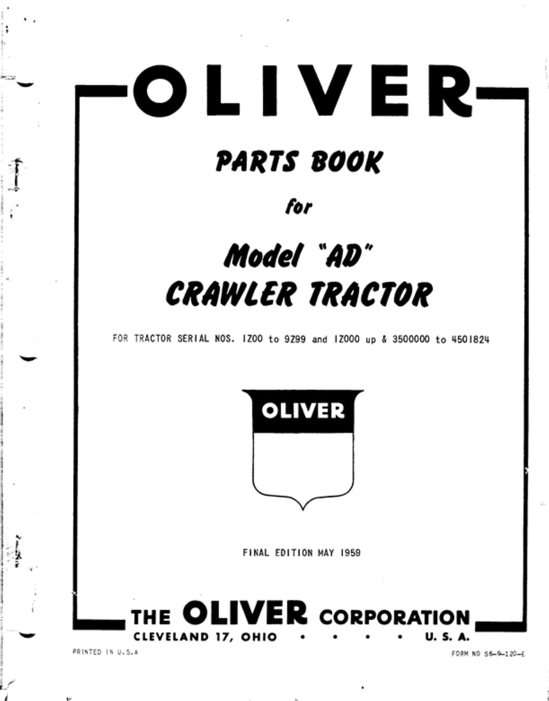 Oliver AD Crawler Tractor Parts Book - Etsy