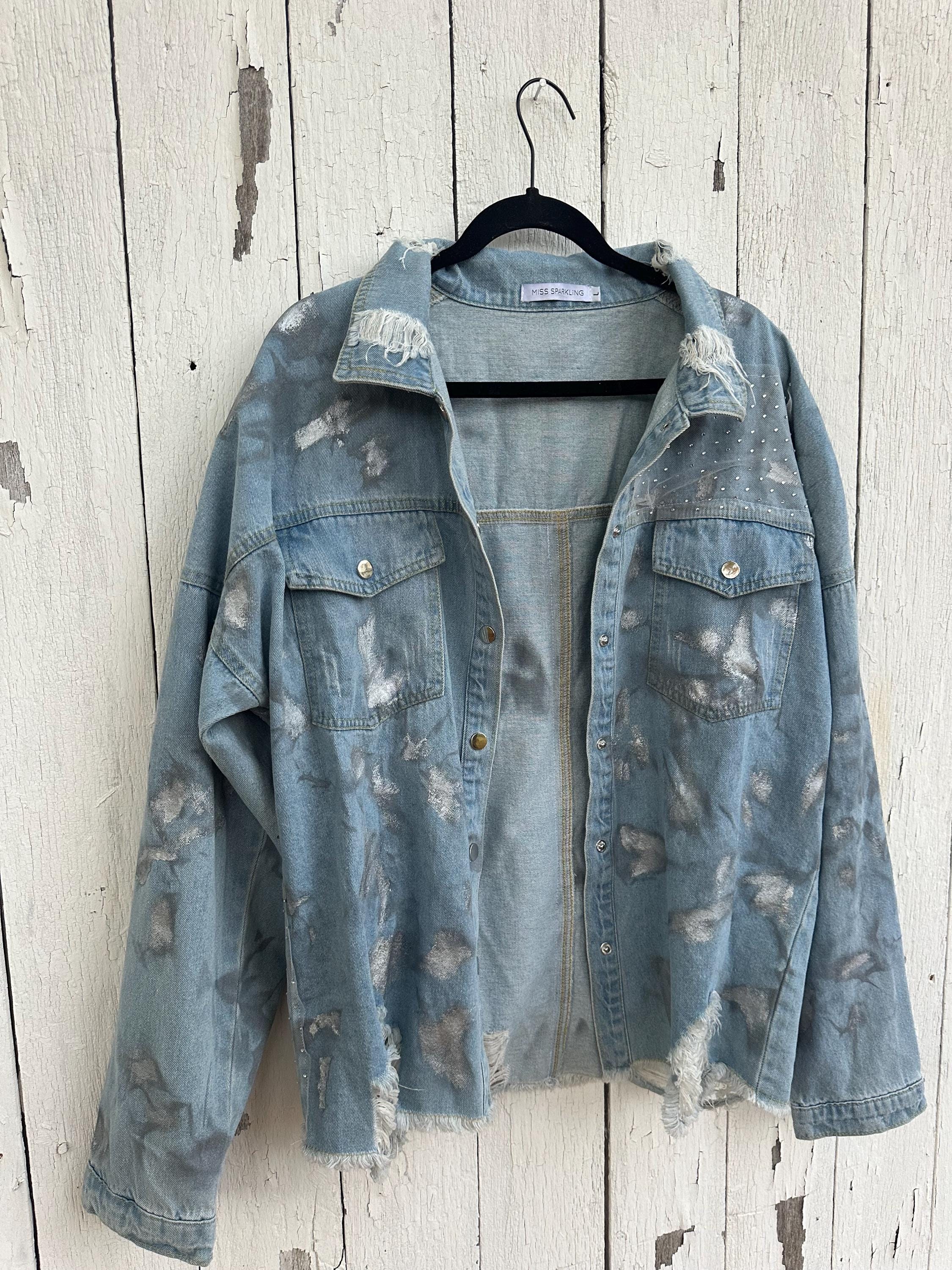 Large Denim Jacket, Painted Denim, Silver Painted Jacket, Rhinestone ...