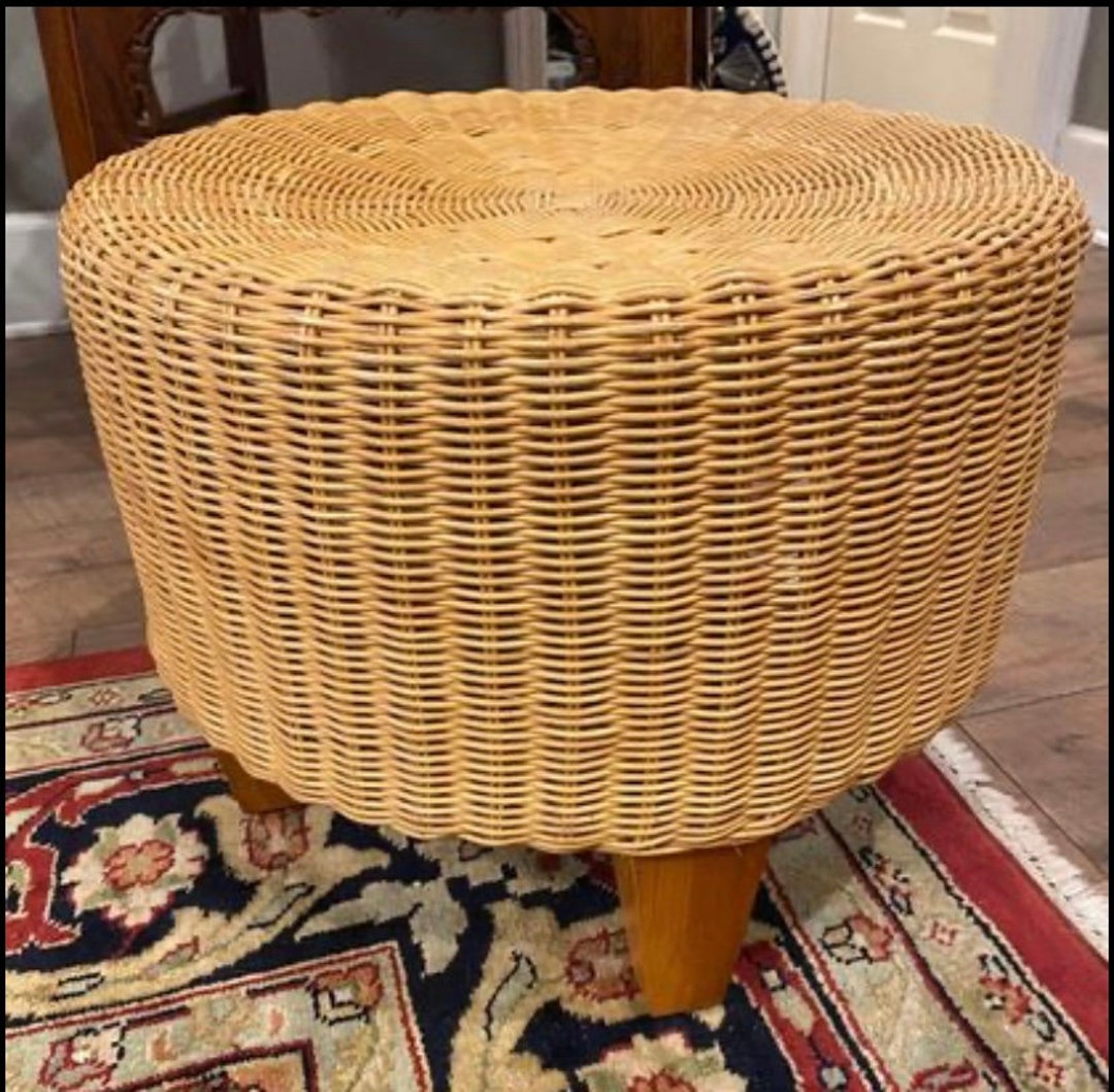 1970s Handwoven Wicker & Bamboo Round Footstool Ottoman or Side Table ...