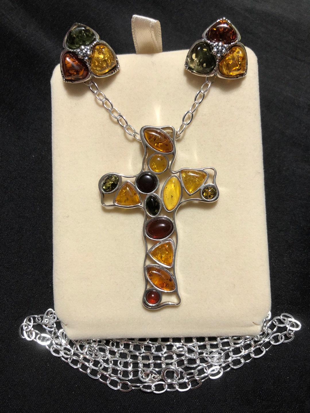 Set of Multi-coloured Cross Amber Silver Pendant and Earrings - Etsy