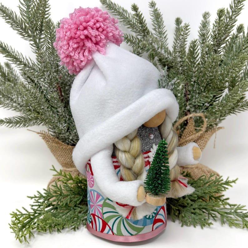 Pink & White Holiday Female Gnome With Pom-pom Hat Holding Christmas ...