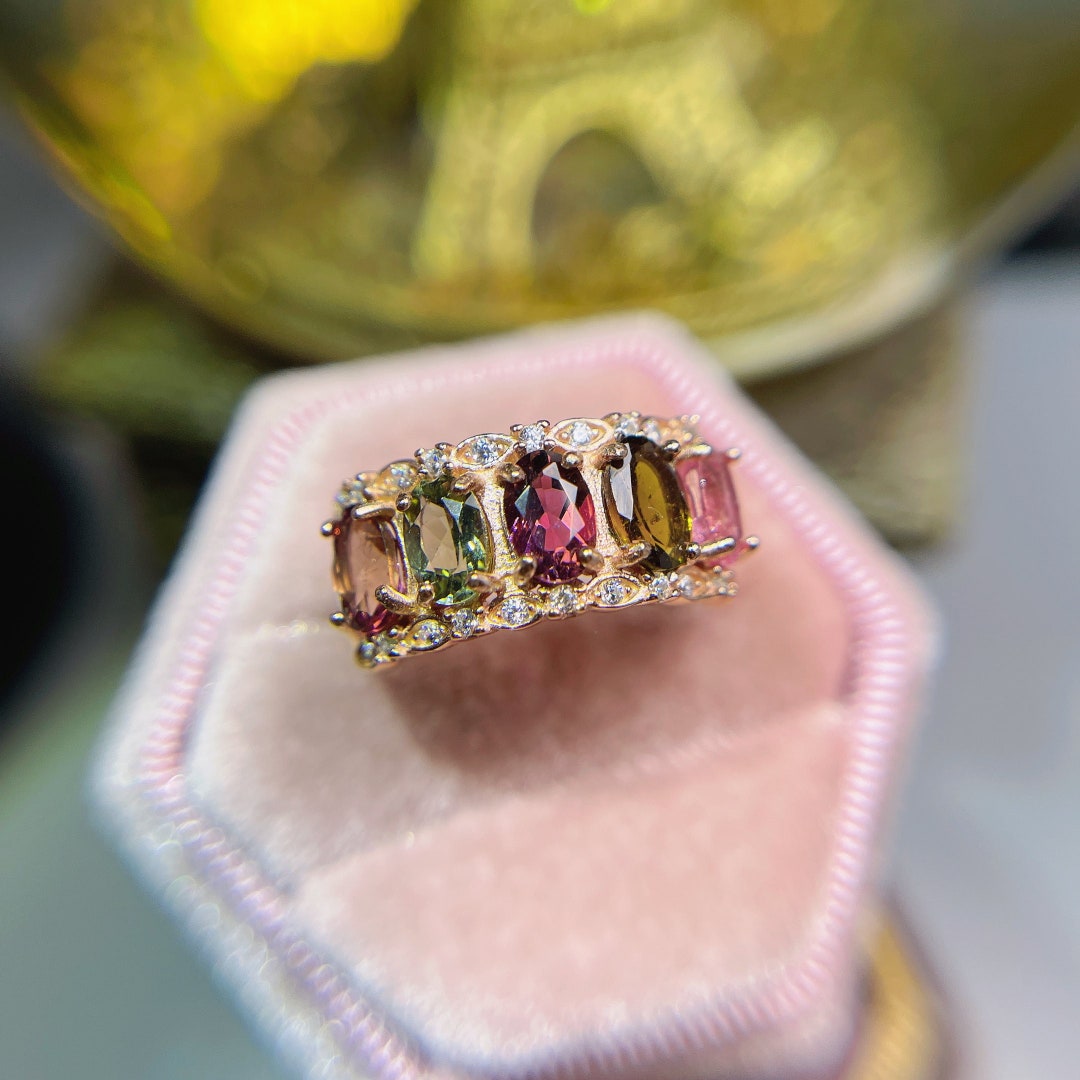 Tourmaline Wide Band, 18K Rose Gold Color Ring, Natural Tourmaline ...