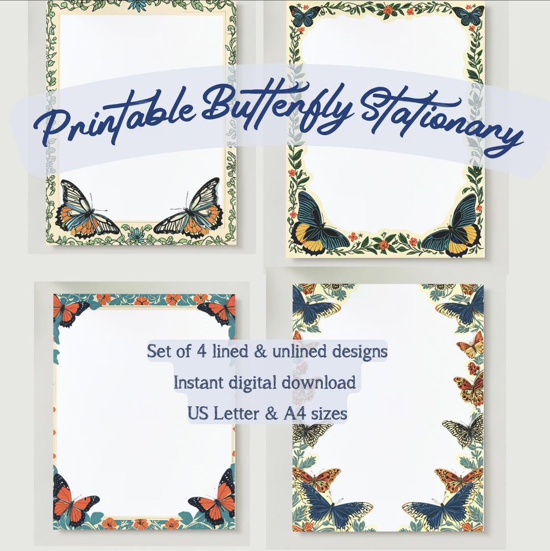 Butterfly Stationery Printable Set of 4 Designs| Botanical Letter Paper ...