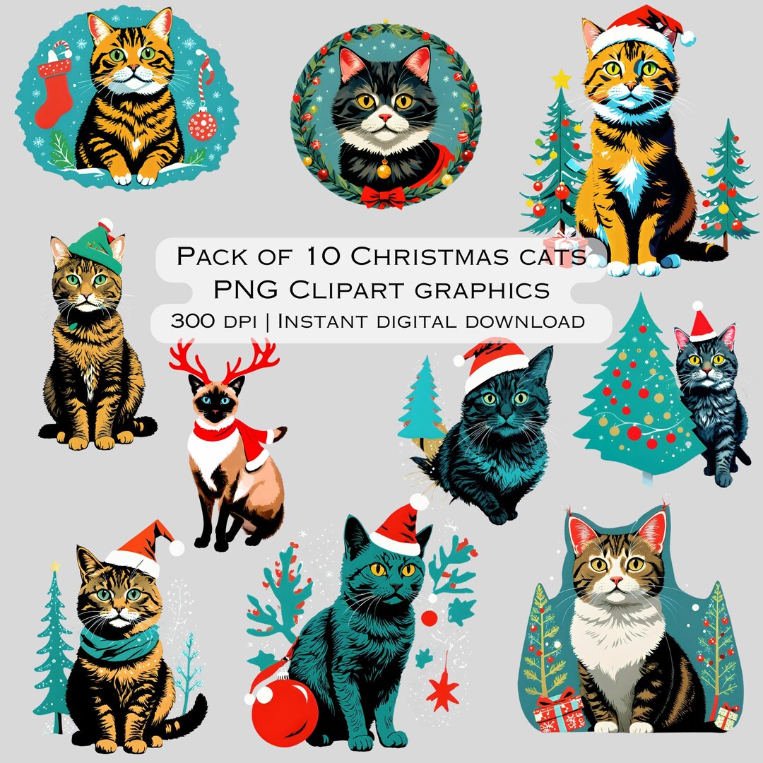 Christmas Cat Clipart PNG Bundle of 10 Cute Santa Claus Cat Graphics ...