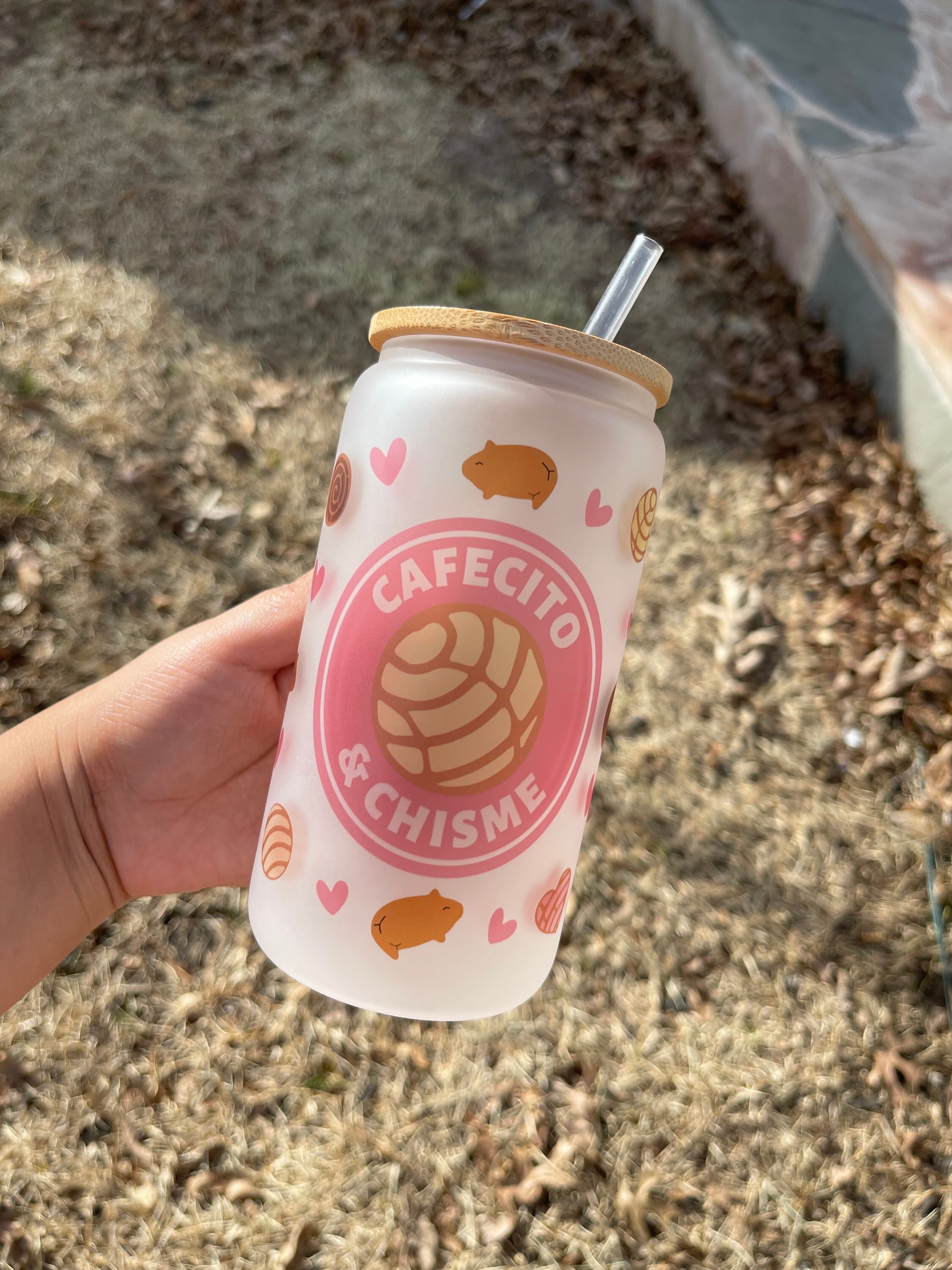 16oz Cafecito Y Chisme Iced Coffee Cup Frosted Glass Can Lid And Straw