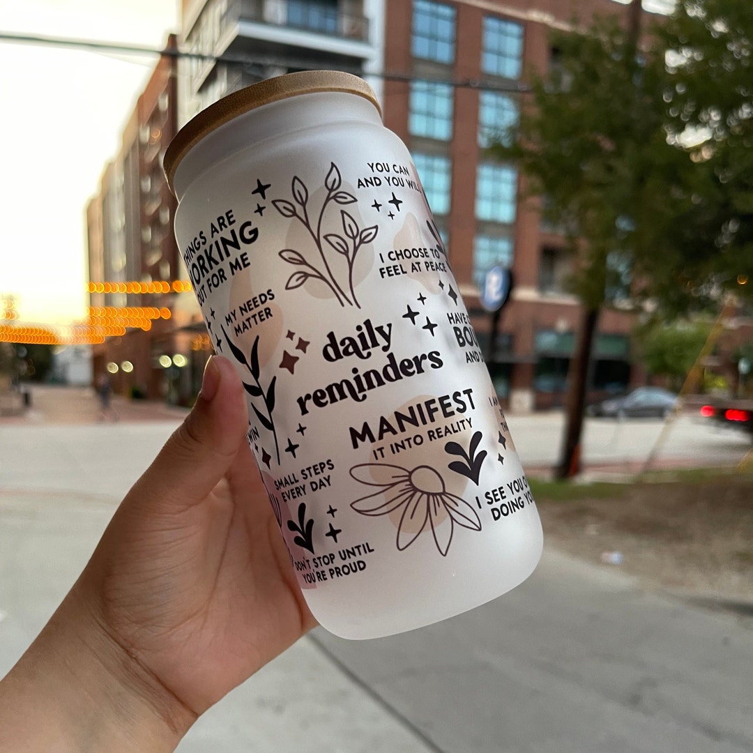 16oz Daily Reminders Frosted Glass Can Iced Coffee Cup Lid and Straw ...