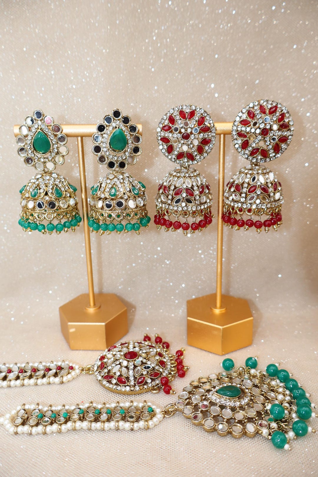 Mirror Polki Indian Earrings Jhumkas With Tikka (kundan Earrings ...