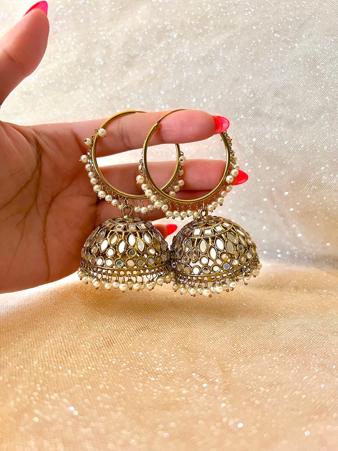 Large Mirror Indian Hoop Earrings jhumkas - Etsy