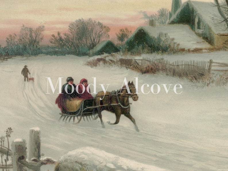 Antique Sleigh Ride Print for Christmas, Christmas Landscape Painting ...