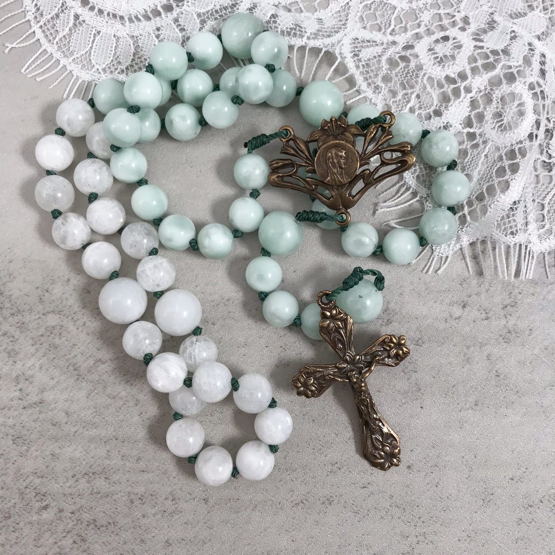 Our Lady of the Lilies Rosary, Green Angelite and Moonstone Cord ...