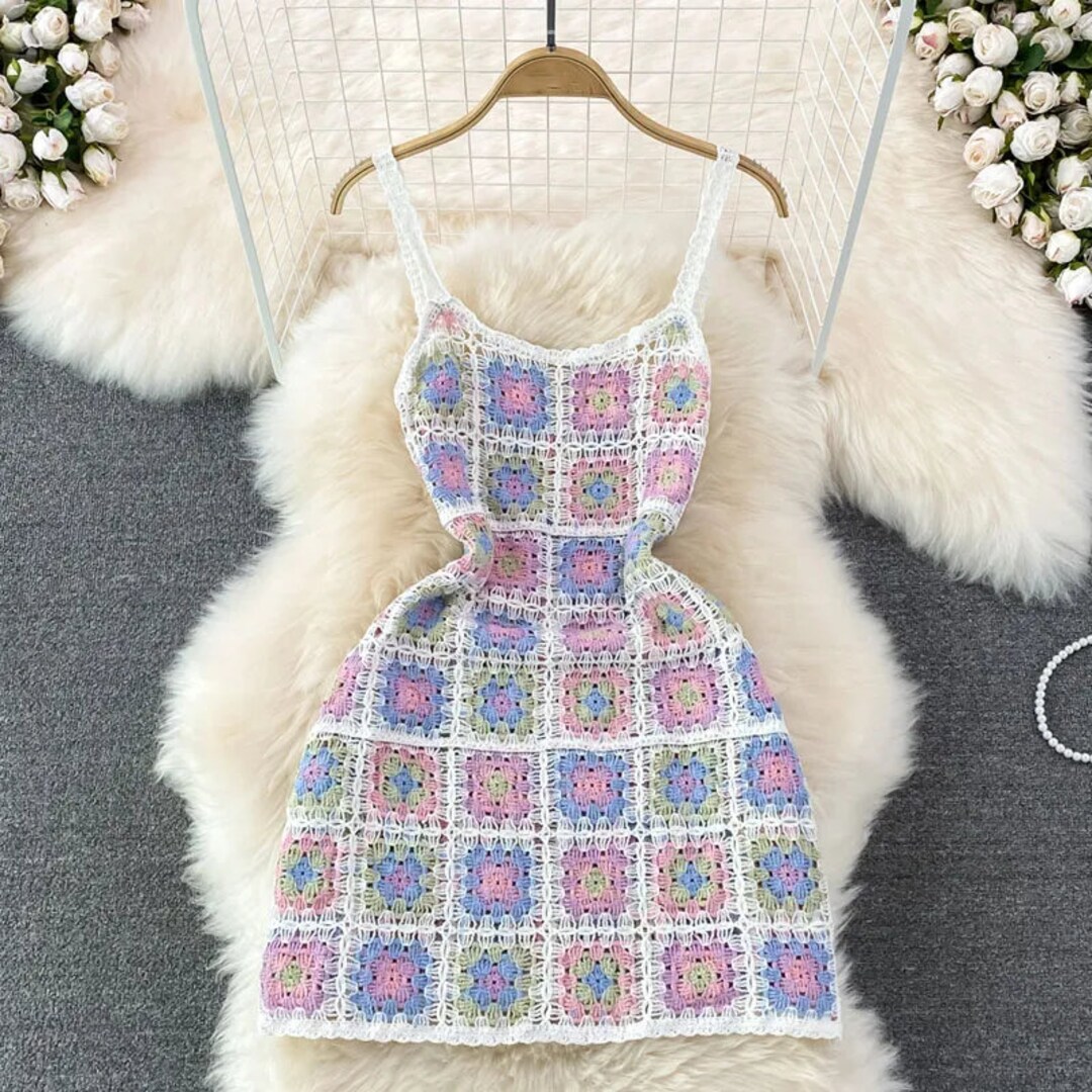 Retro Crocheted Color Matching Multicolor Dress - Etsy