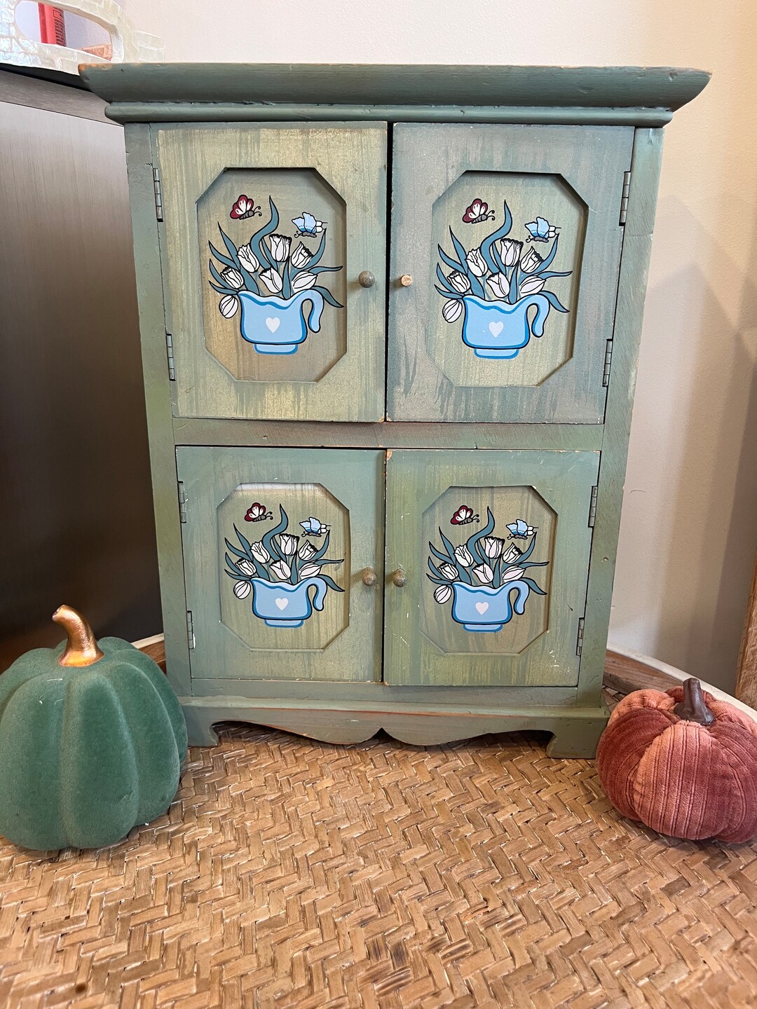 Primitive Vintage Miniature Wood Hutch Cabinet 14x 11x 3.5 Washed Out ...