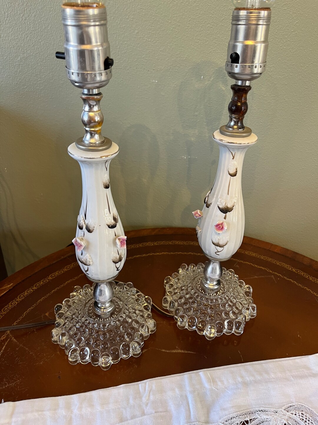 Pair of Depression Era Lamps Roses Porcelain and Glass Boudoir Nursery ...
