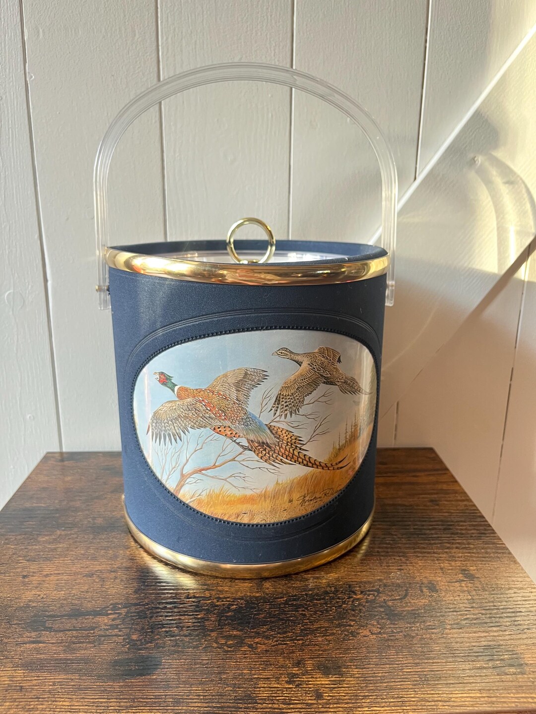 Vintage Ice Bucket Mallard Duck MCM Norman R Wamer 1960 Faux Navy Suede ...