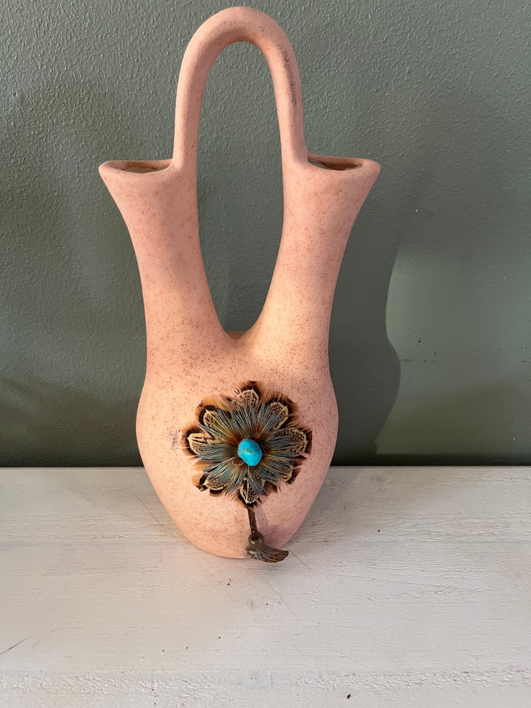Southwestern Vase Double Neck Design Sandstone Finish With Turquoise ...