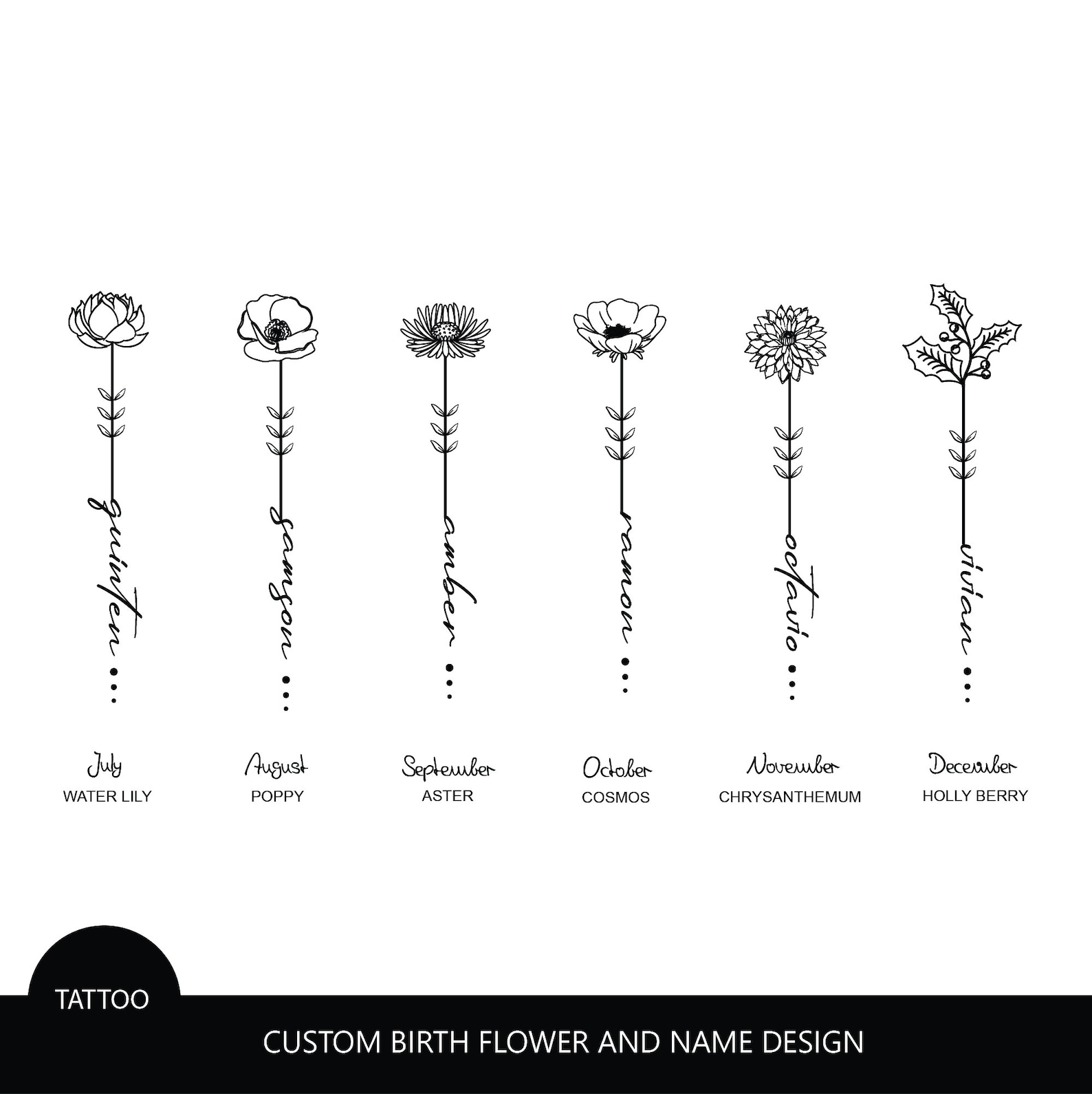 Birthday Flower Name • Custom Tattoo • Birth Flower Design • Line ...
