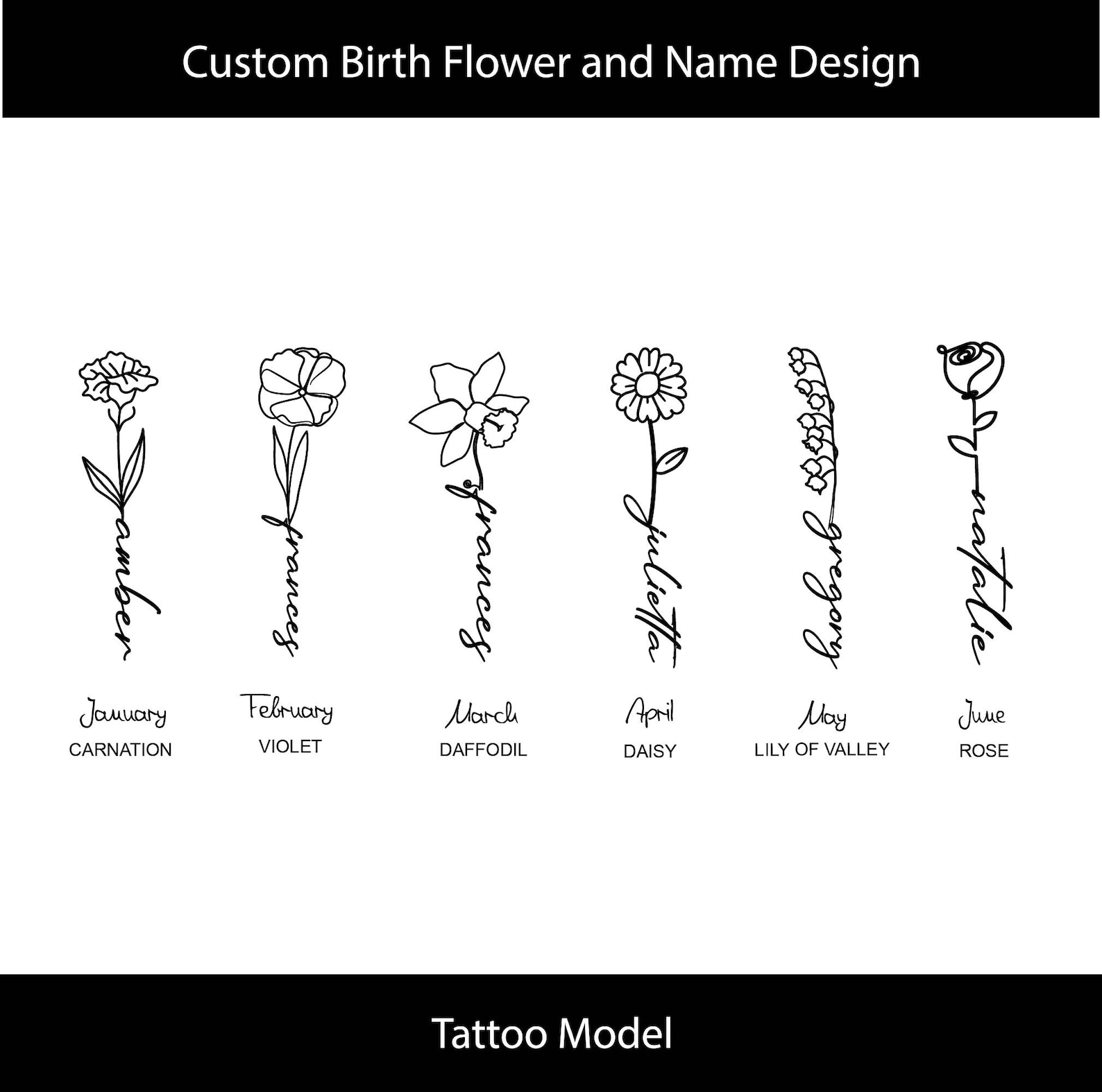 Birthday Flower Name • Personalized Tattoo • Birth Flower Design • Line ...