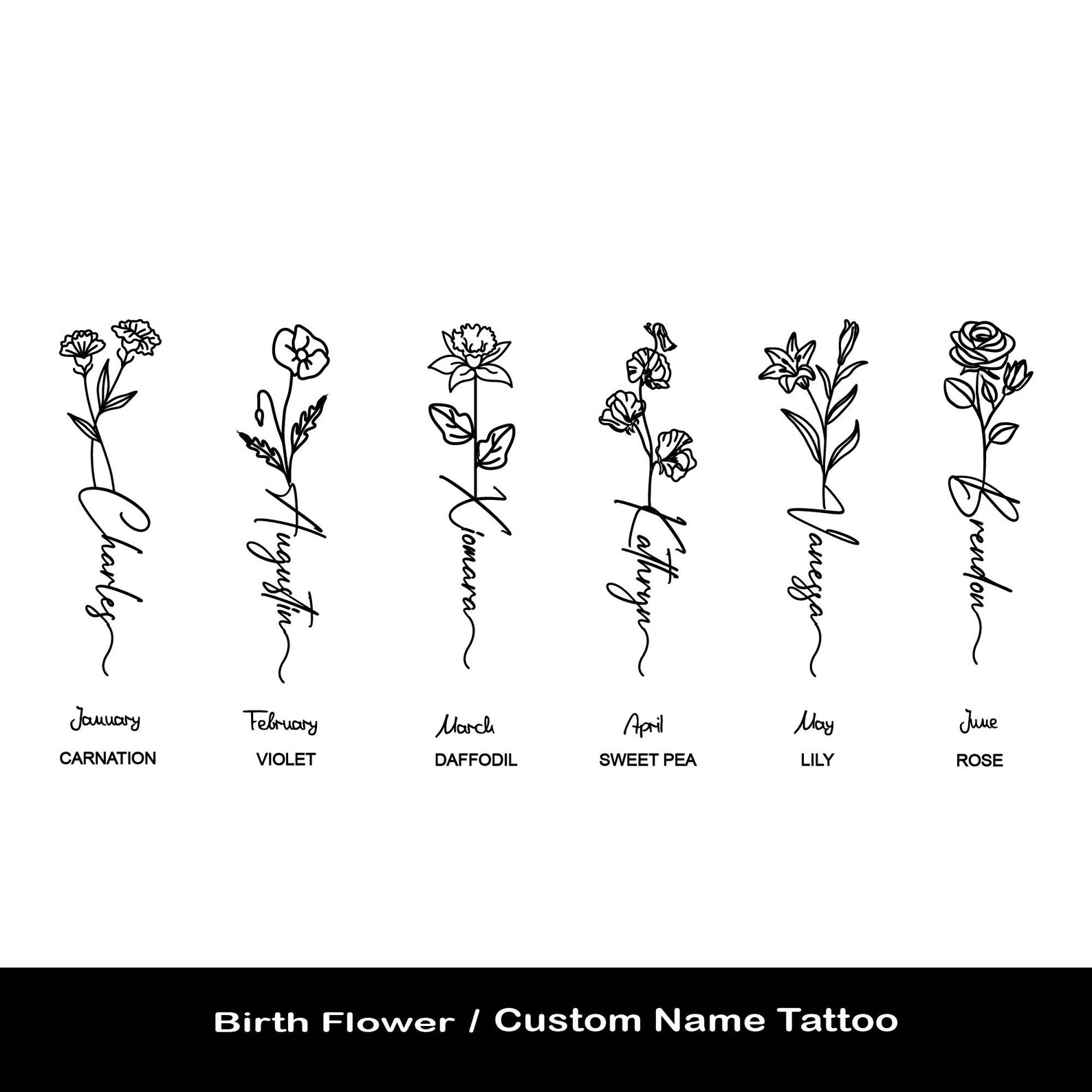 Birth Flower Name Tattoo Custom Floral Tattoo - Etsy