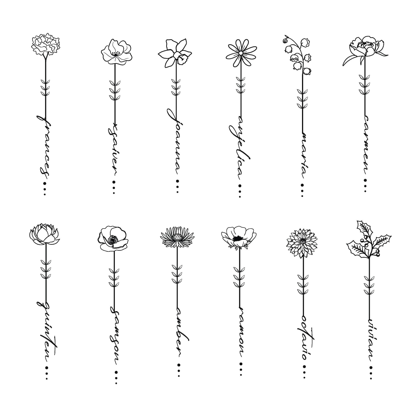 Birthday Flower Name Custom Tattoo Birth Flower Design Line Drawing ...