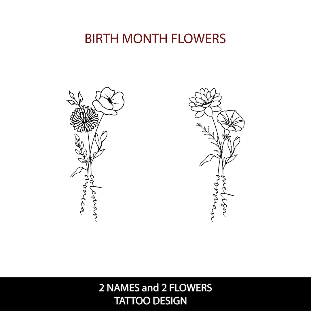 2 Birth Flowers and 2 Names • Couple Birthday Month Tattoo ...