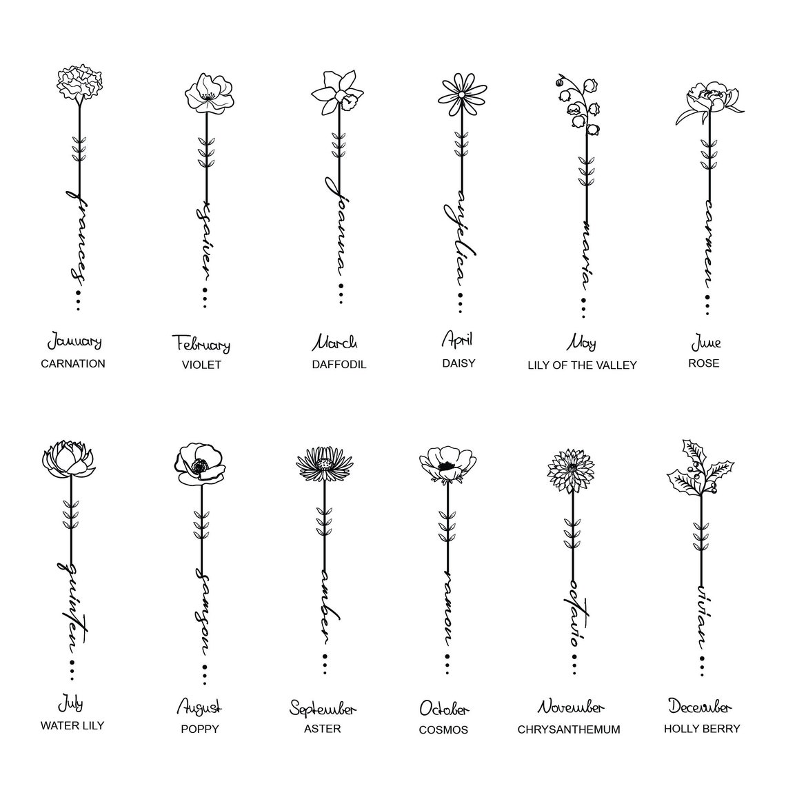 Birthday Flower Name • Custom Tattoo • Birth Flower Design • Line ...