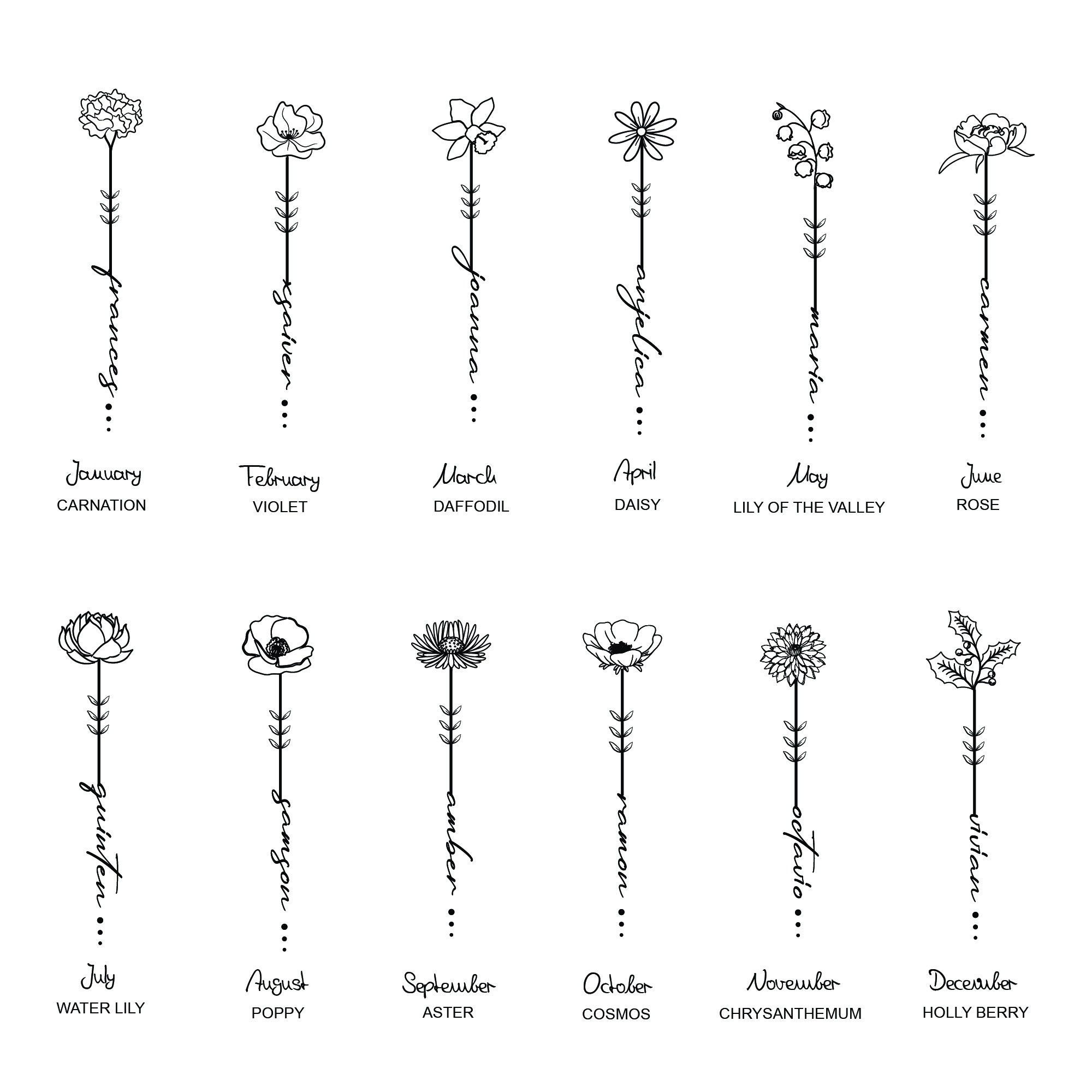 Birthday Flower Name • Custom Tattoo • Birth Flower Design • Line ...