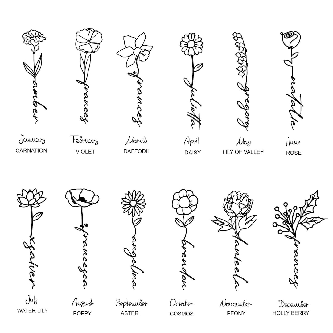 Birthday Flower Name • Personalized Tattoo • Birth Flower Design • Line ...