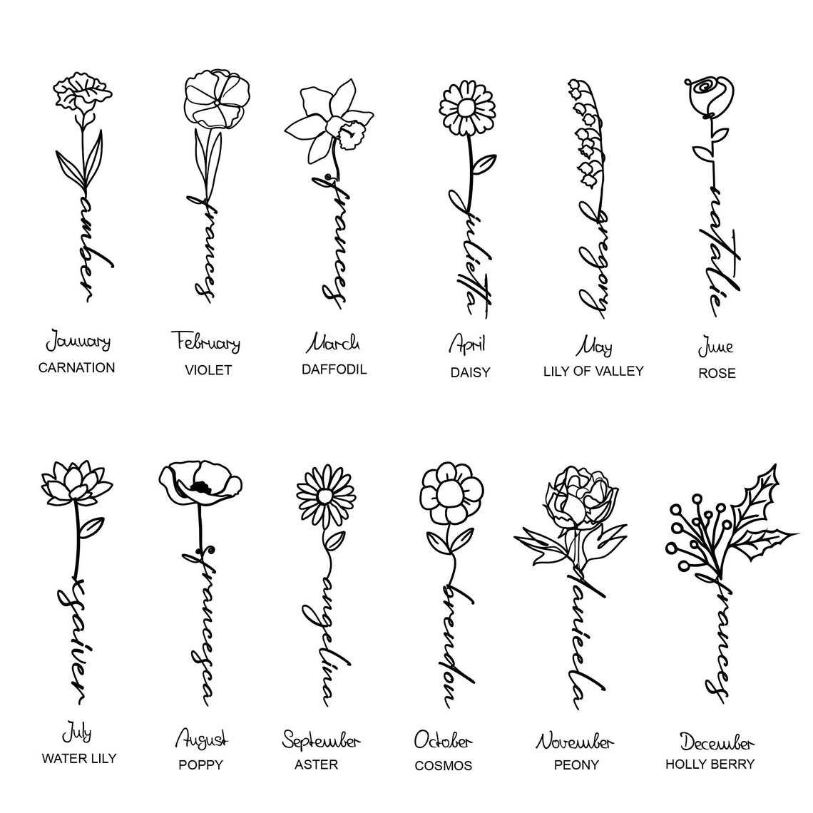 Birthday Flower Name • Personalized Tattoo • Birth Flower Design • Line ...