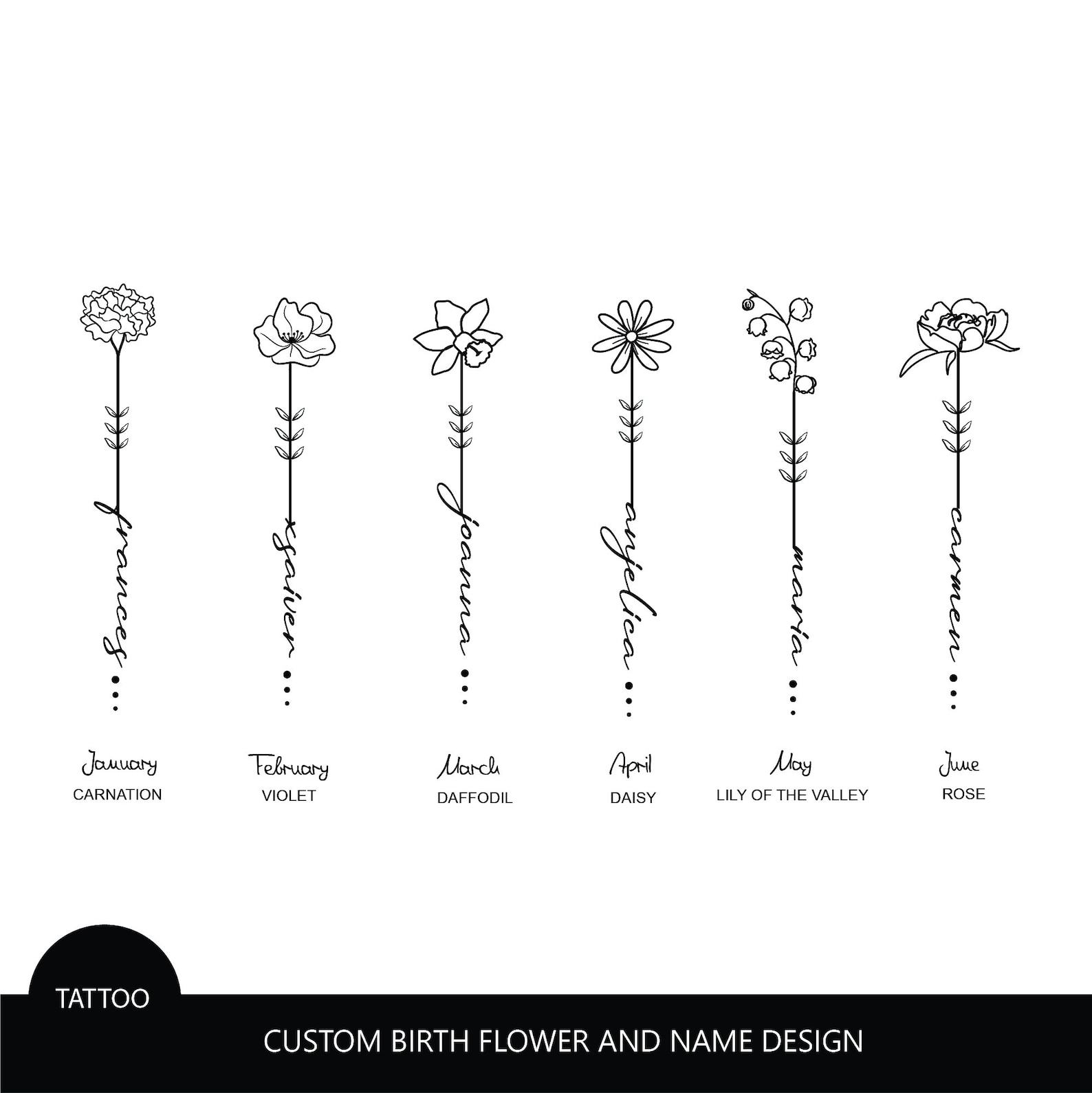 Birthday Flower Name Custom Tattoo Birth Flower Design Line Drawing ...