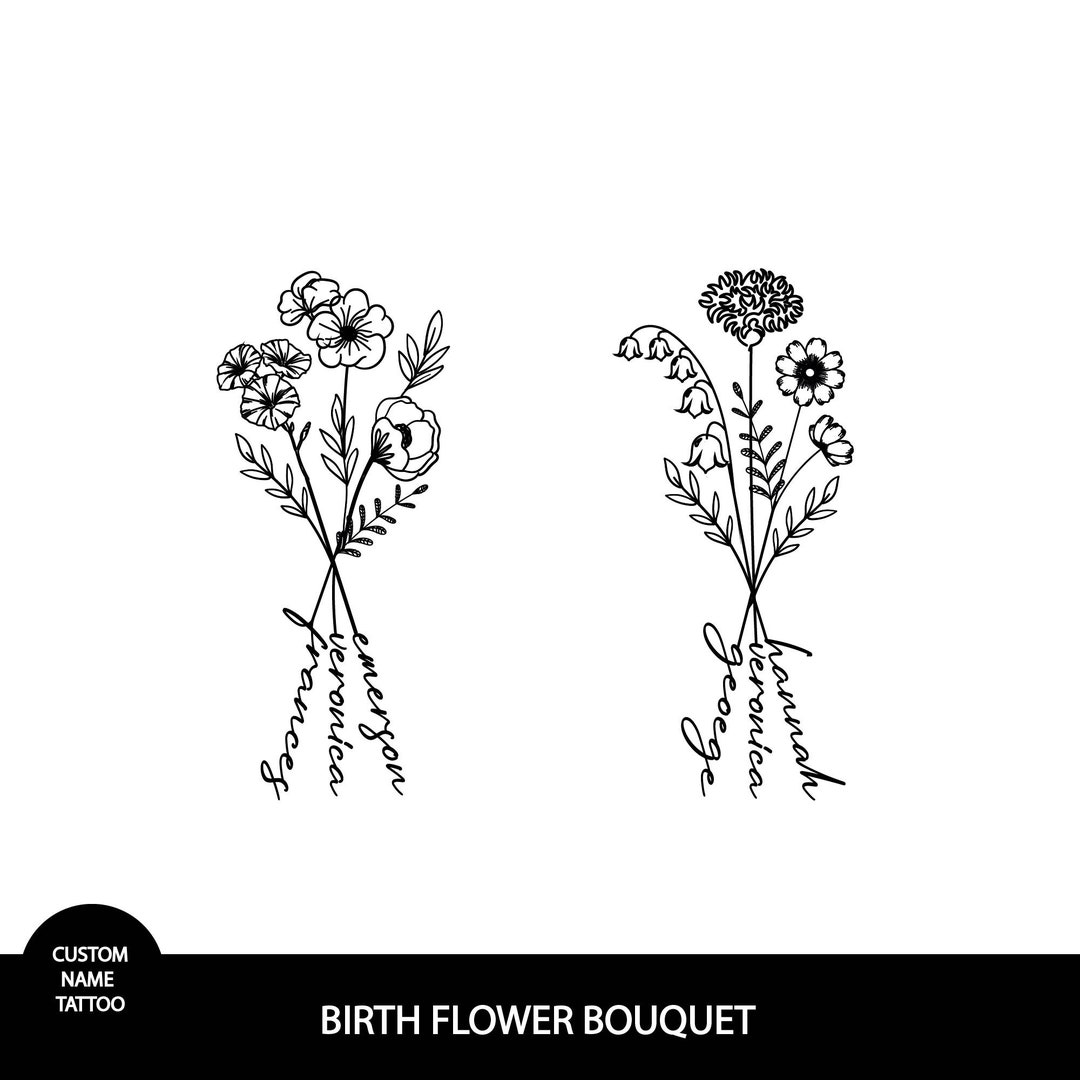Birth Flower Bouquet With 3 Names • Family Birth Month Tattoo • Three ...