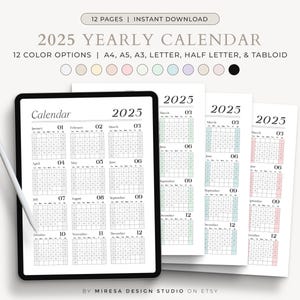 2025 Printable Yearly Calendar | Year at A Glance | A3, A4, A5, Letter ...