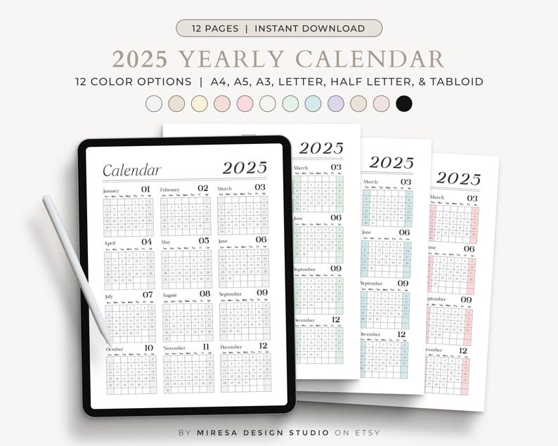 2025 Printable Yearly Calendar | Year at A Glance | A3, A4, A5, Letter ...