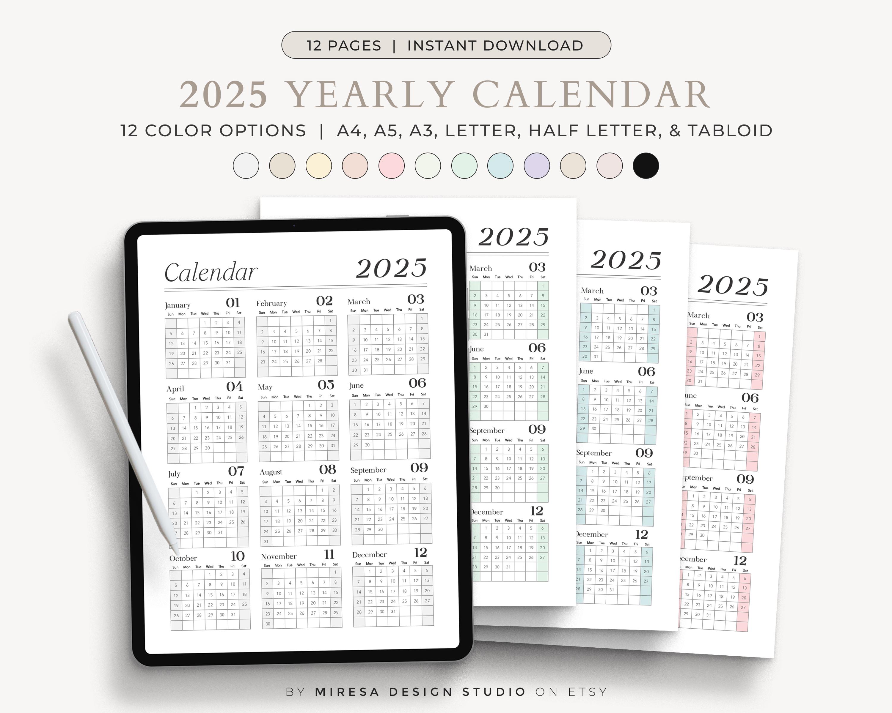 2025 Printable Yearly Calendar | Year at A Glance | A3, A4, A5, Letter ...