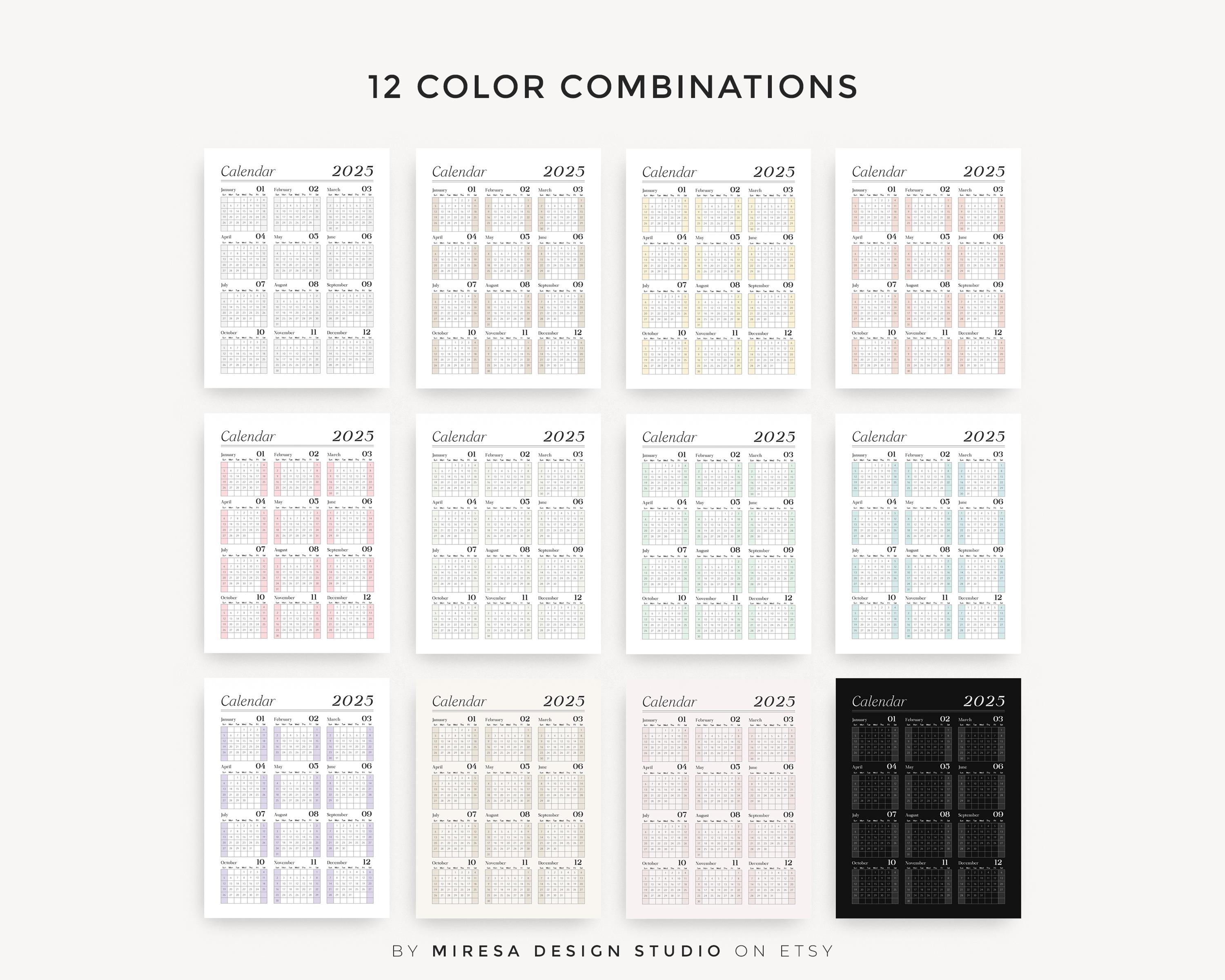 2025 Printable Yearly Calendar | Year at A Glance | A3, A4, A5, Letter ...