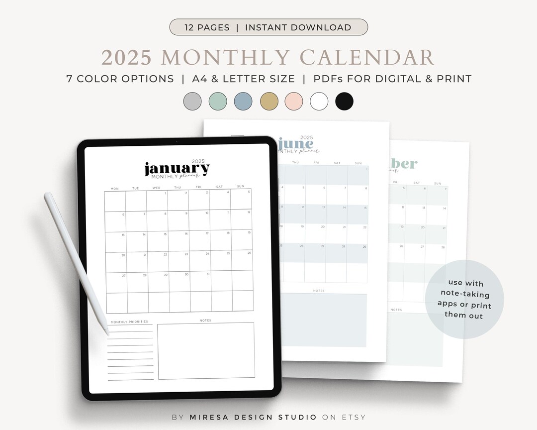 2025 Monthly Calendar With Notes Calendar Template Minimalist Planner ...