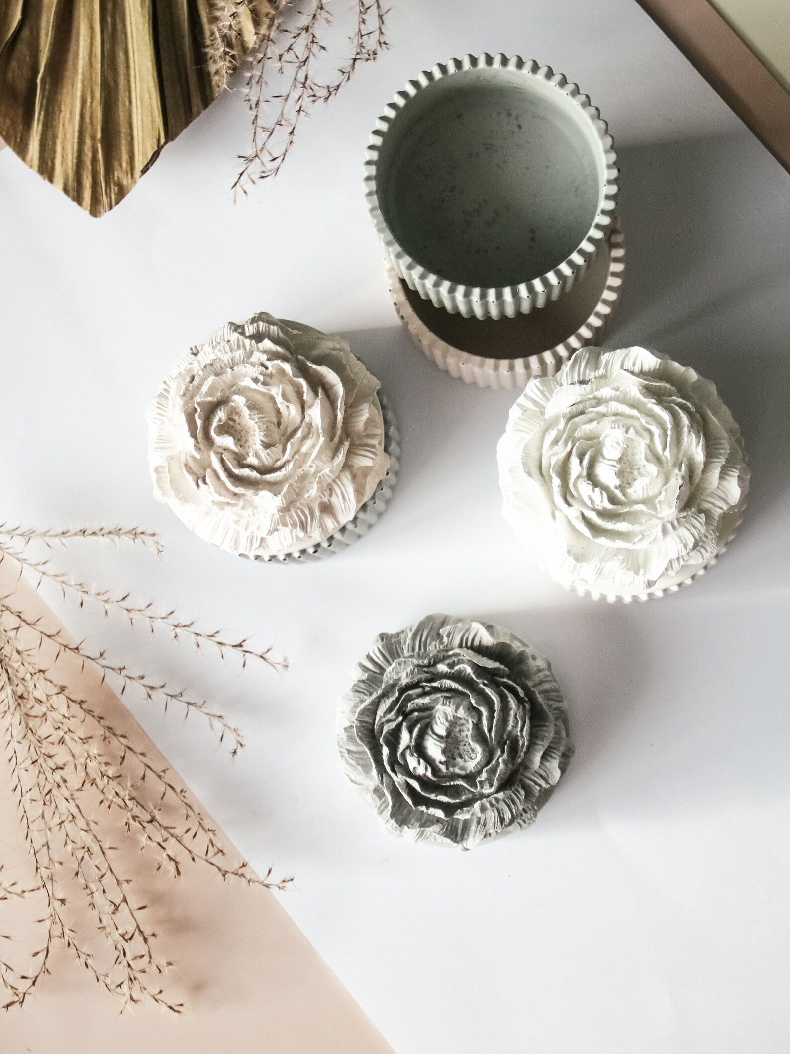 Ribbed Stone Jar With Peony Lid, Ring Trinket Jewelry Box Concrete ...