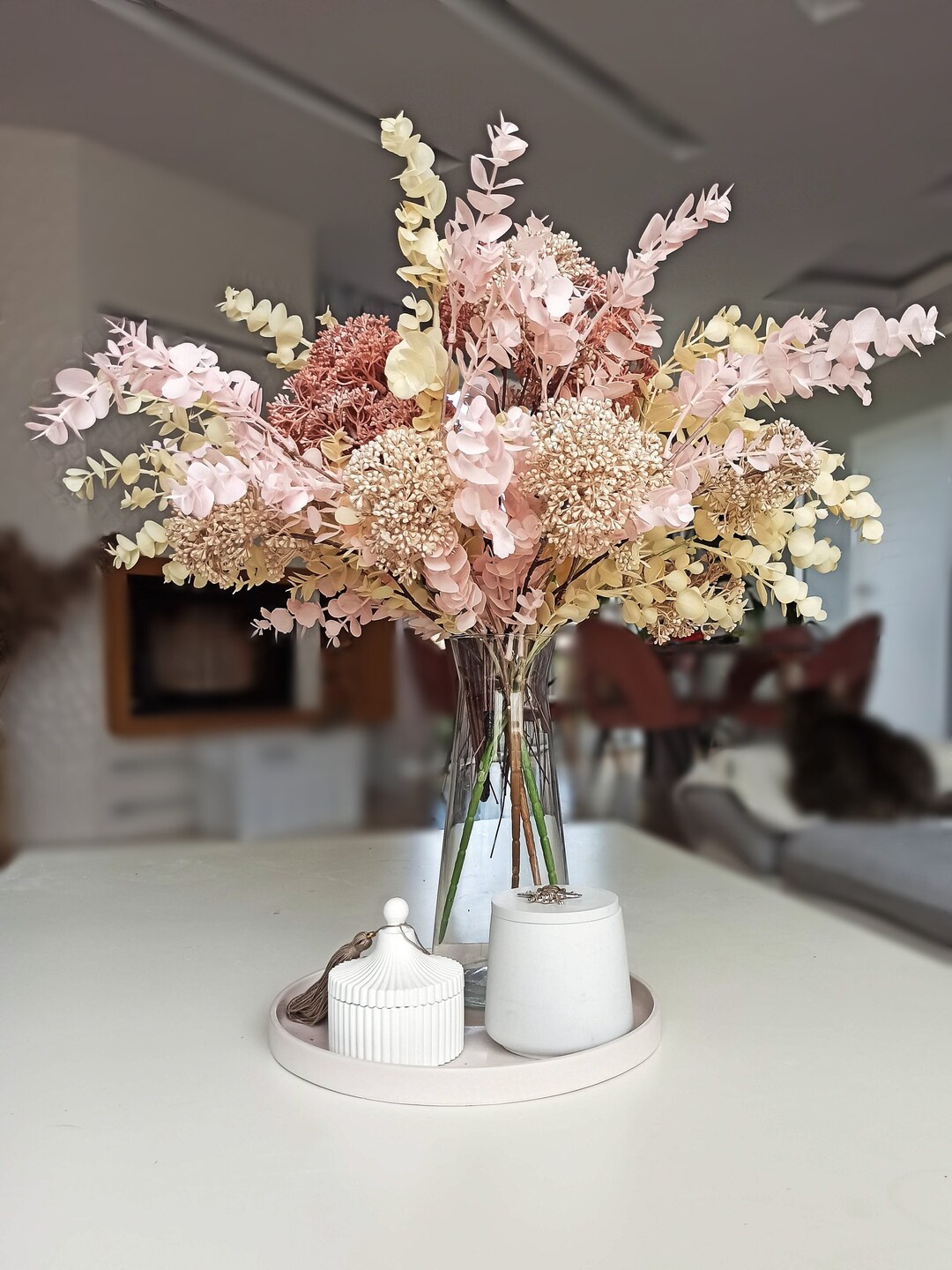 Pink Faux Flower Bouquet: Pastel Eucalyptus & Berries Arrangement ...