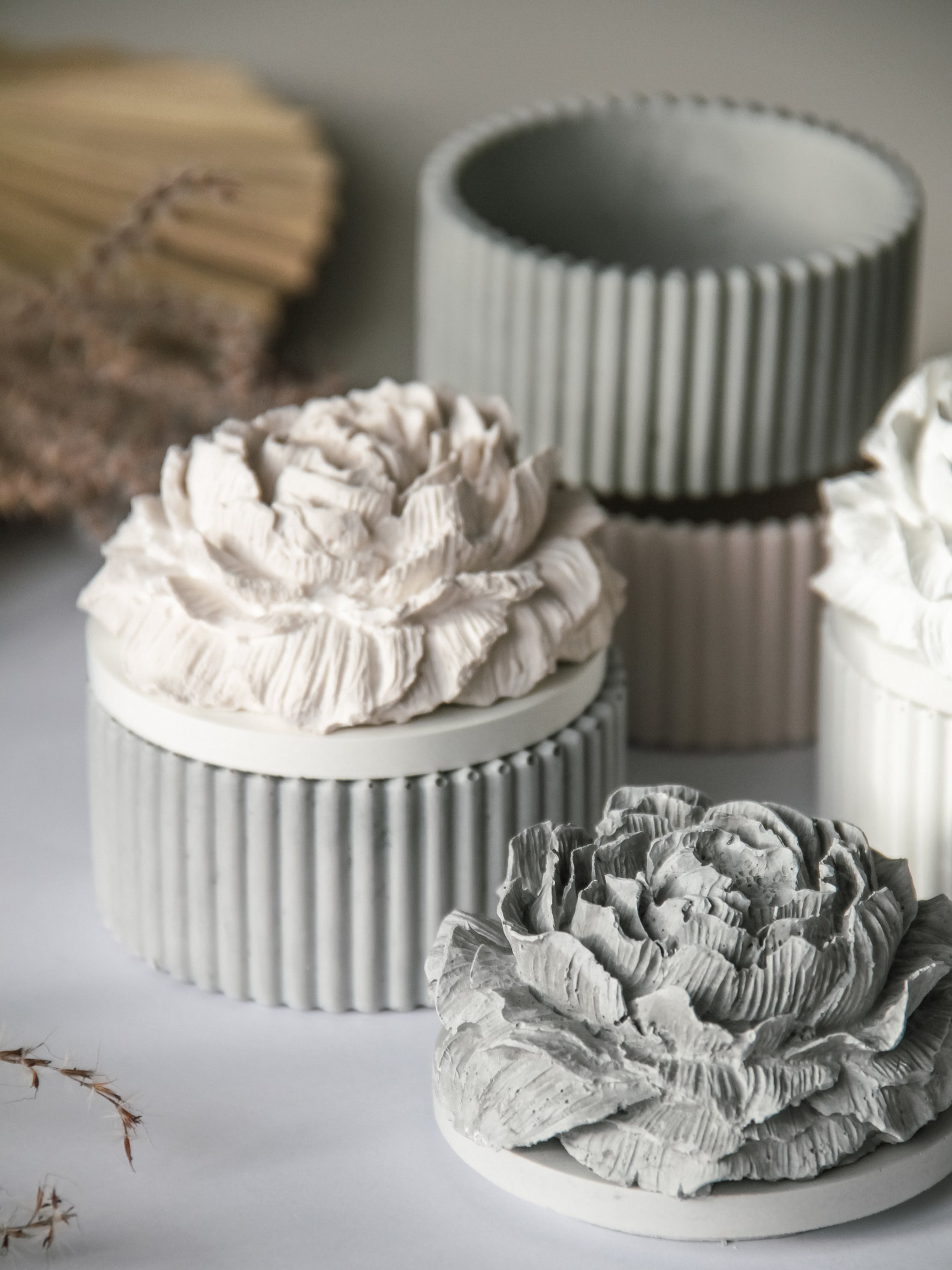 Ribbed Stone Jar With Peony Lid, Ring Trinket Jewelry Box Concrete ...