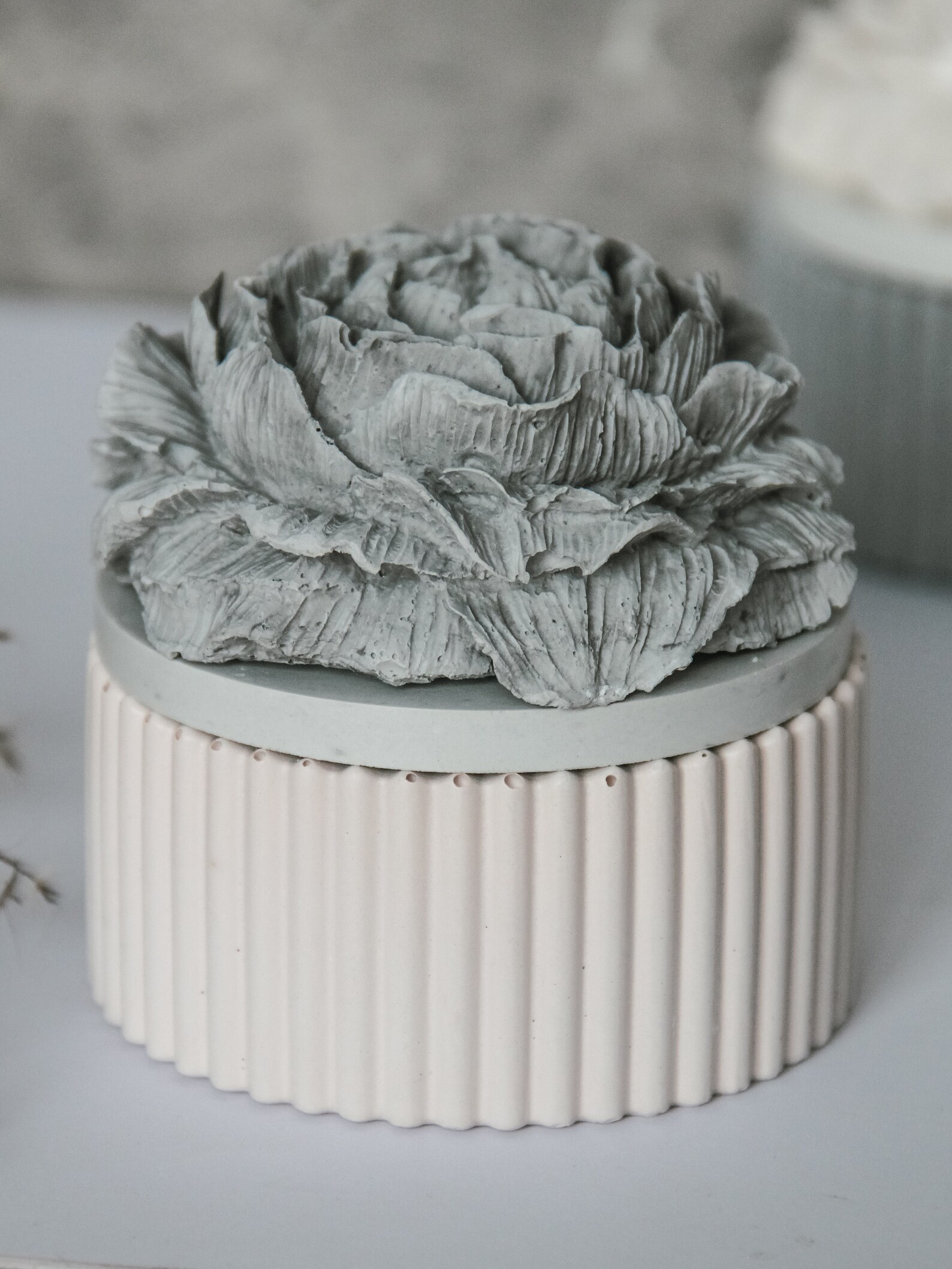 Ribbed Stone Jar With Peony Lid, Ring Trinket Jewelry Box Concrete ...