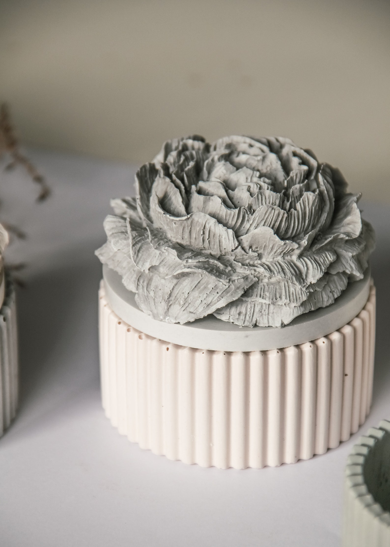 Ribbed Stone Jar With Peony Lid, Ring Trinket Jewelry Box Concrete ...