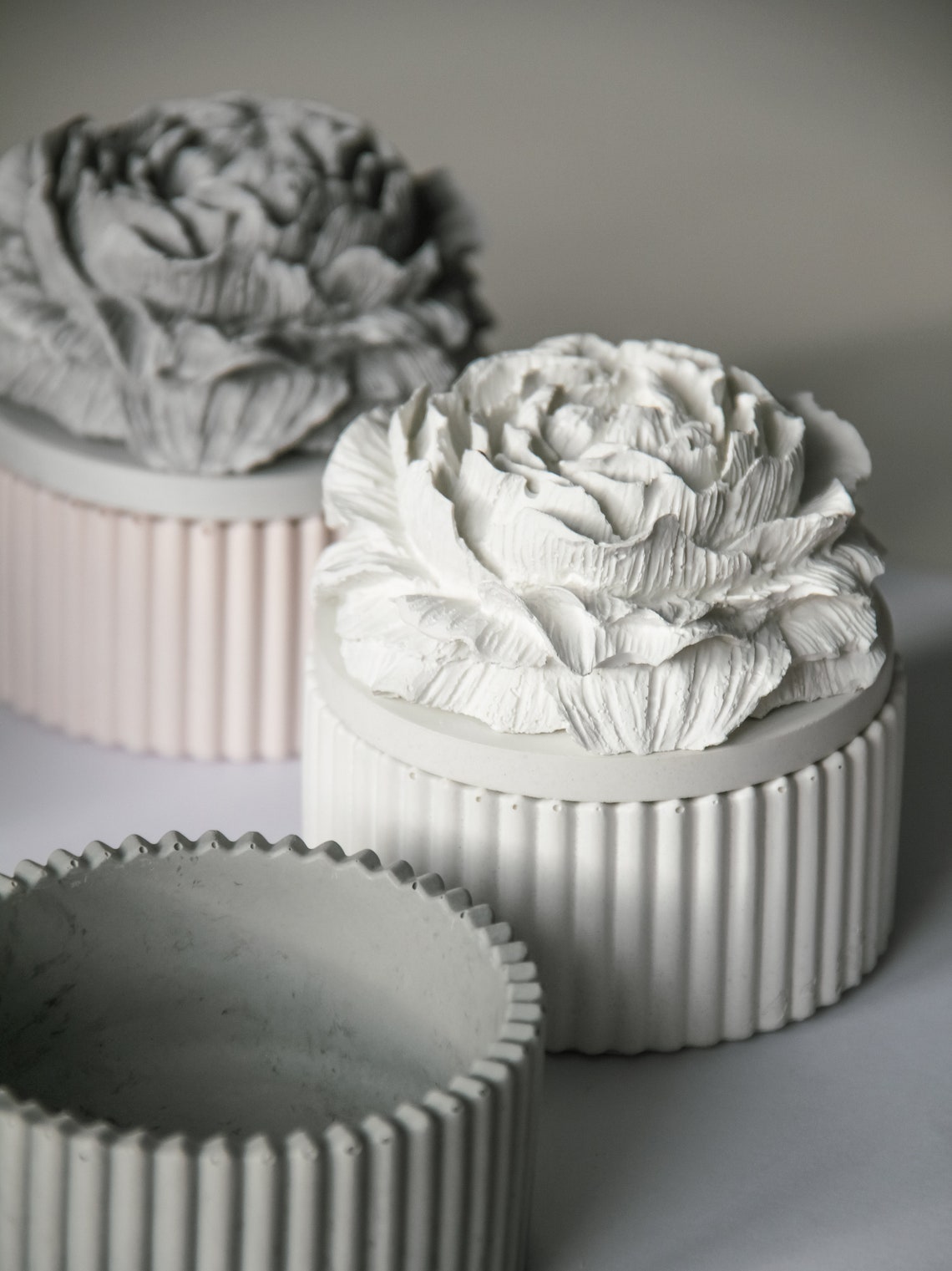 Ribbed Stone Jar With Peony Lid, Ring Trinket Jewelry Box Concrete ...