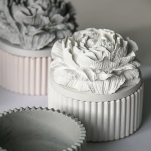 Ribbed Concrete Jewelry Box With Peony Lid: Jewelry Trinket Ring Holder ...