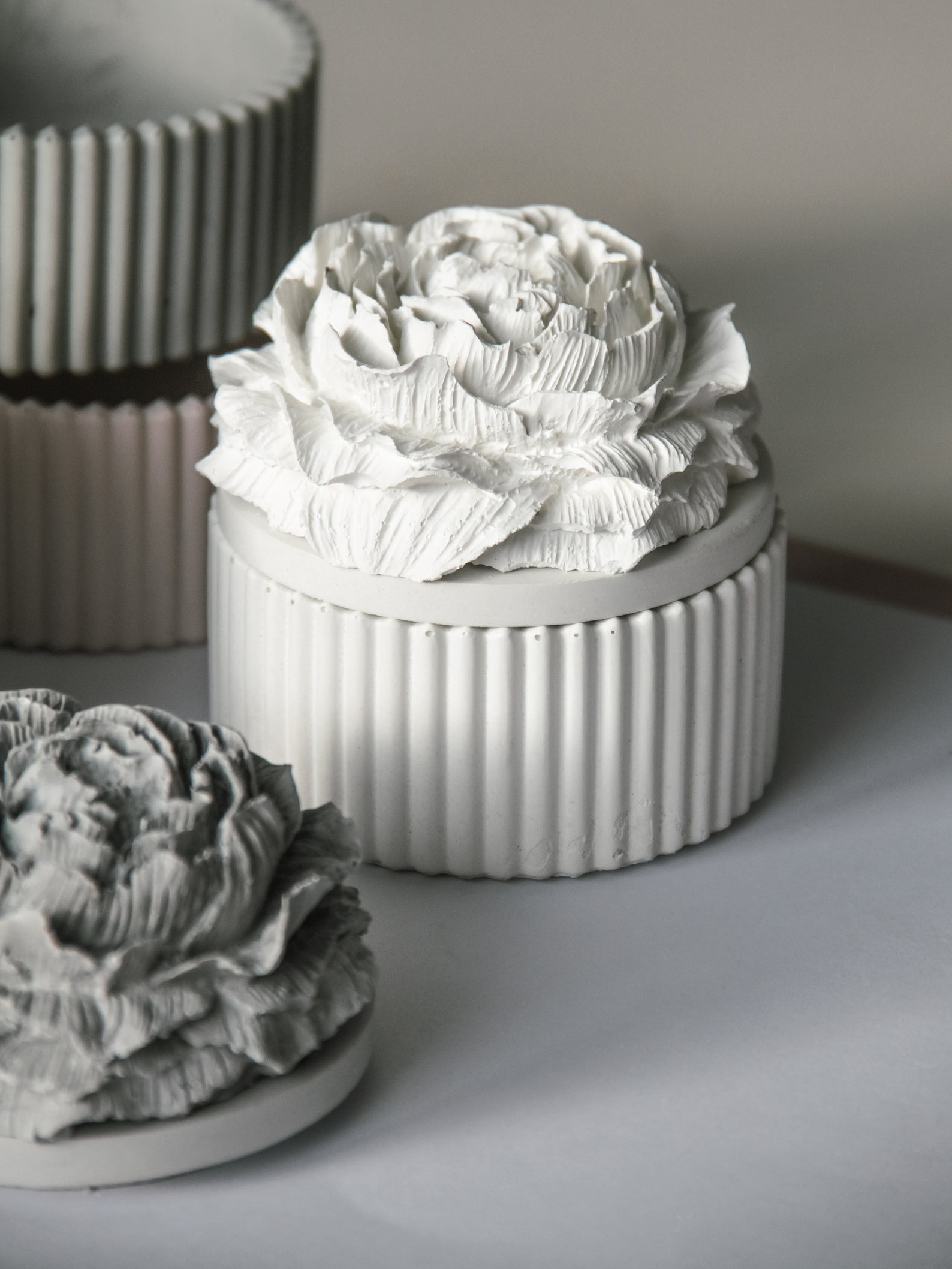 Ribbed Stone Jar With Peony Lid, Ring Trinket Jewelry Box Concrete ...