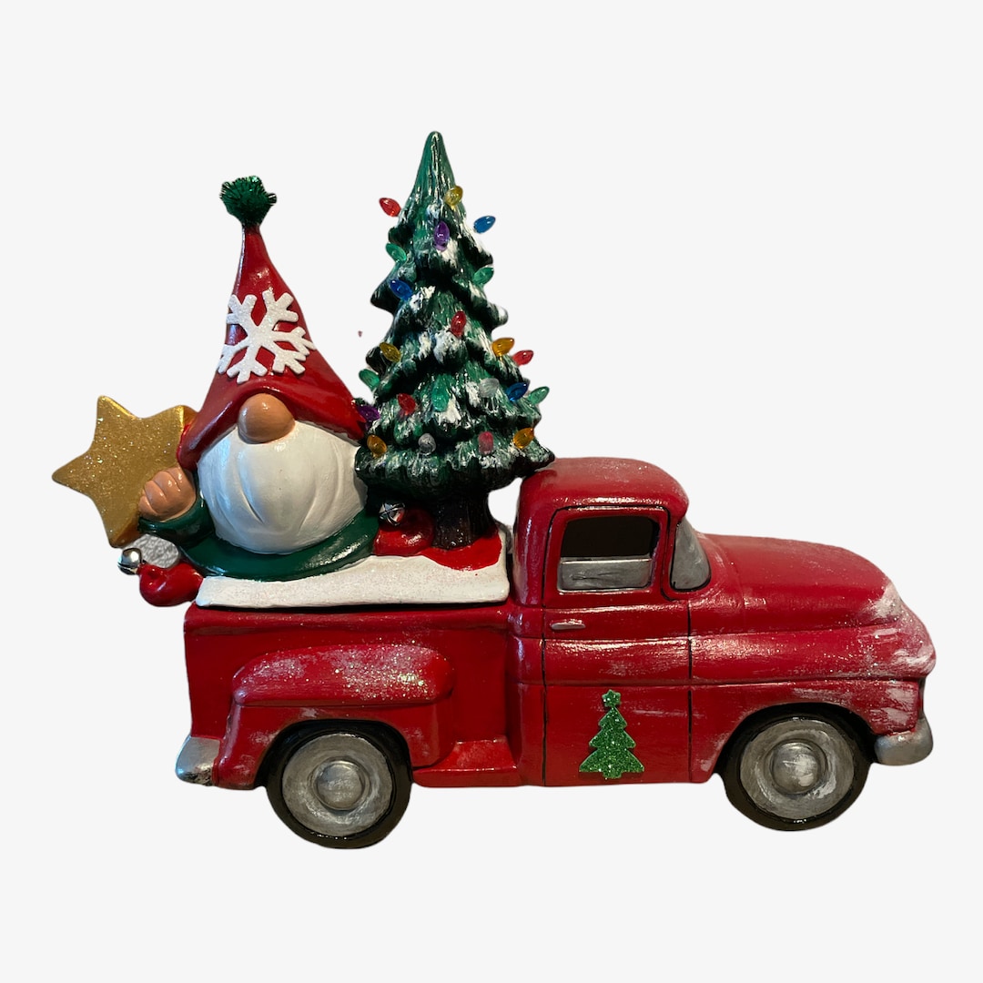 Christmas Ceramic Gnome and Christmas Tree in Vintage Farmhouse Pickup ...