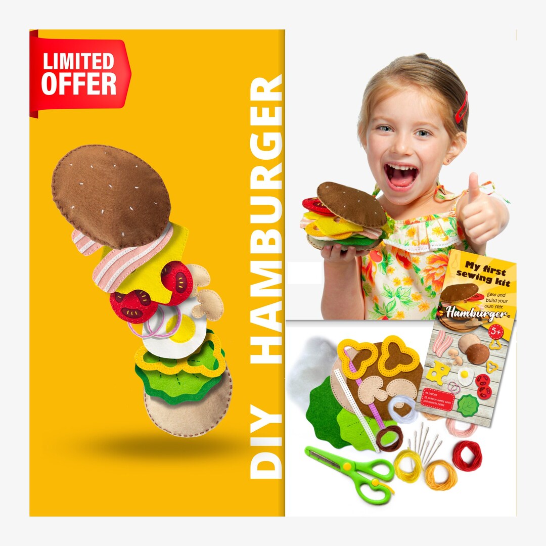 DIY Felt Burger Sewing Craft Kit for Kids | Pre Cut Sewing Felt Box ...
