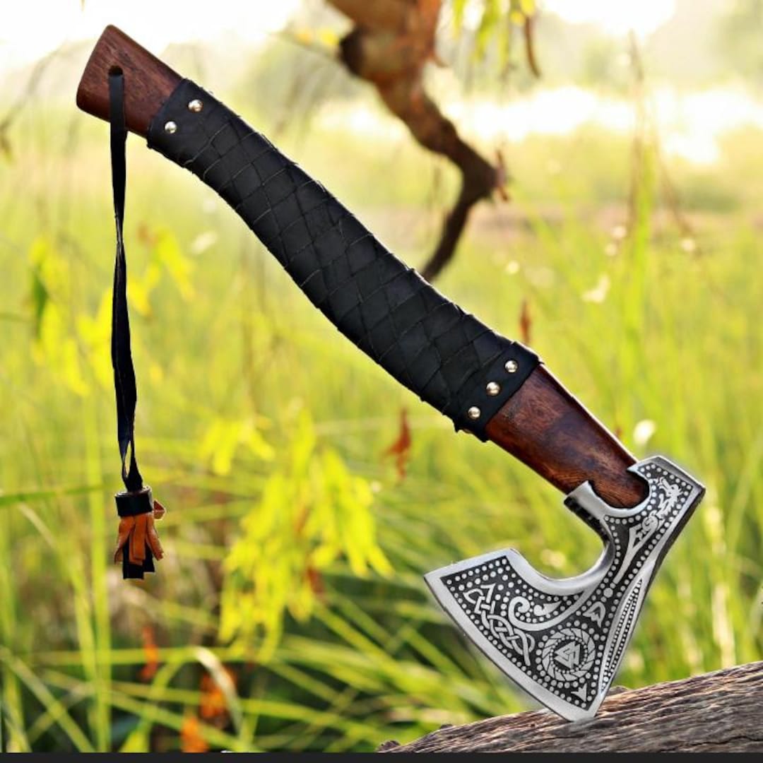 Handmade Viking Style Axe With Carved Head | Custom Forged Hatchet With ...